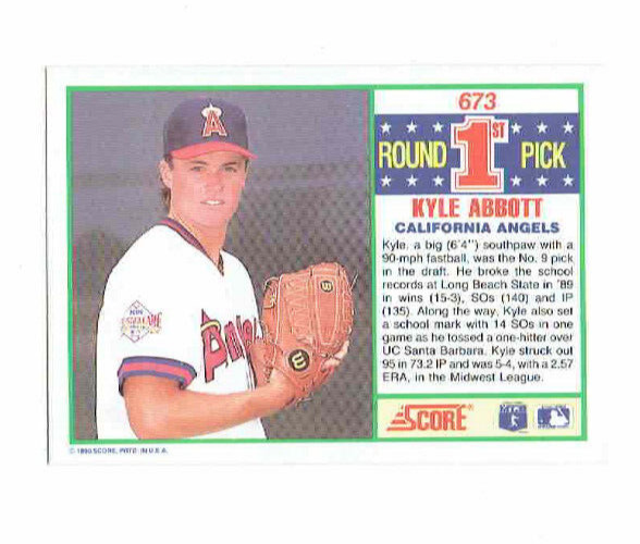 Kyle Abbott CA Angels Pitcher #673 Score 1990 1st Round Pick Baseball ...