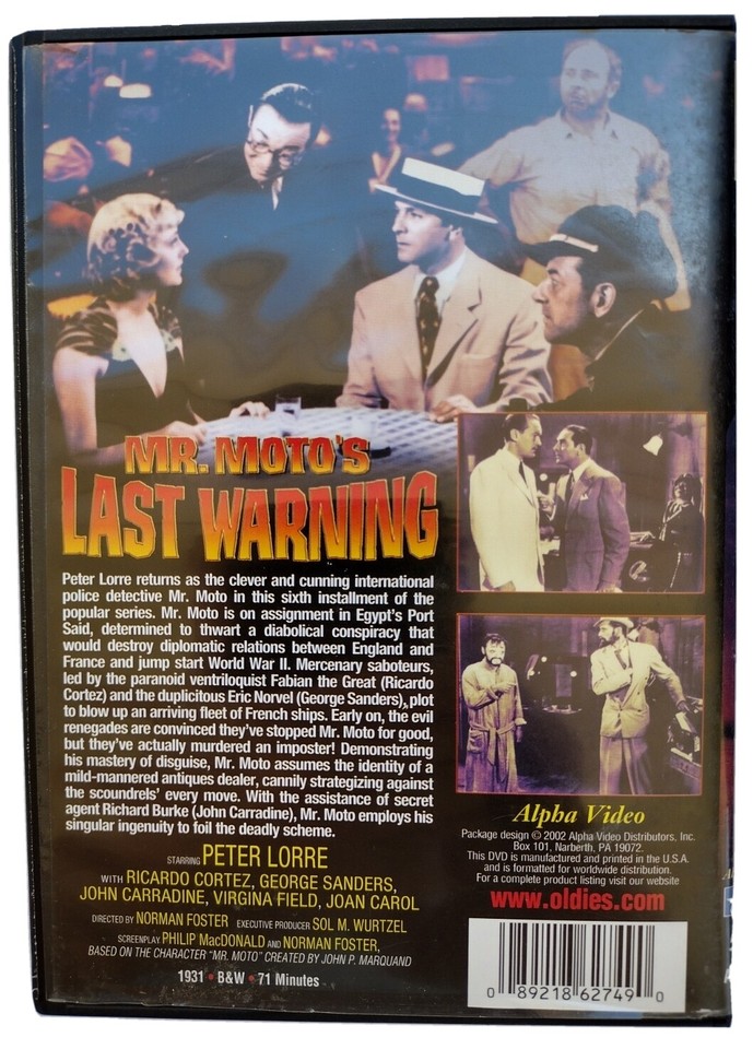 DVD Mr Moto's Last Warning B&W 1931 Peter Lorre Ricardo Cortez John ...
