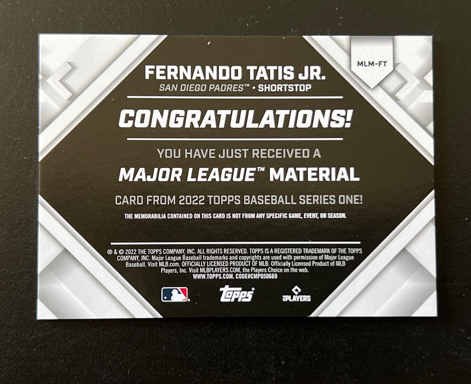 2022 TOPPS MAJOR LEAGUE PATCH RELIC BLACK FERNANDO TATIS JR PADRES /199 ...