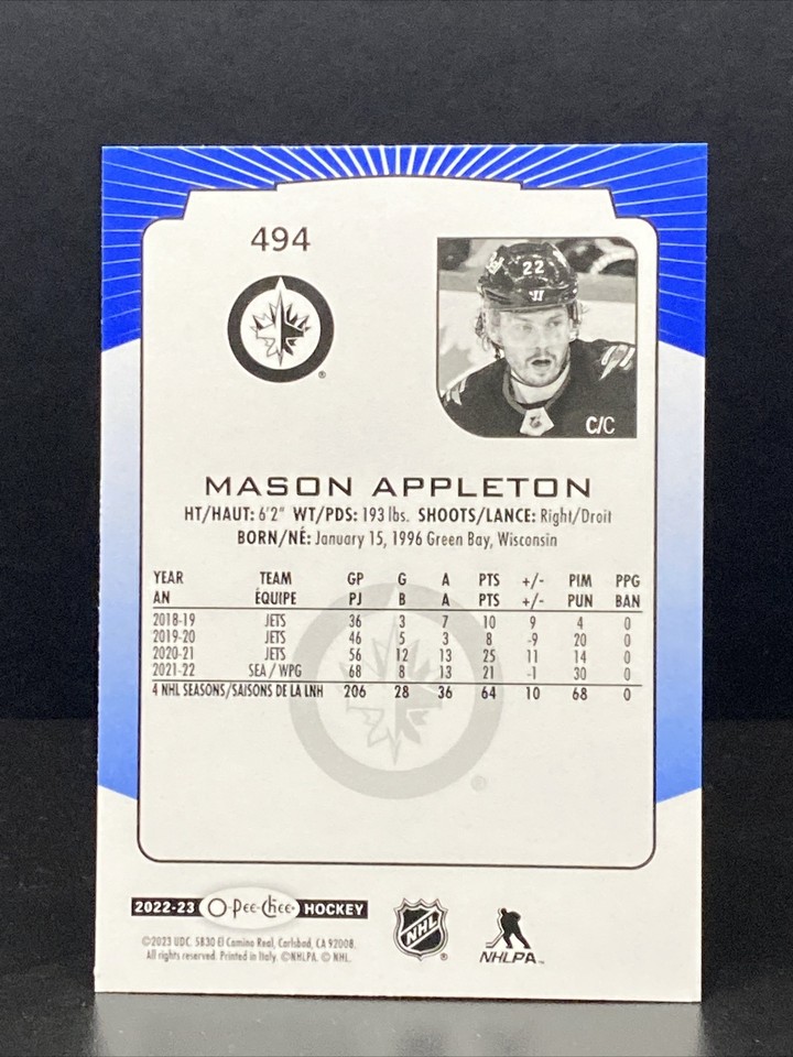 2022-23 O-Pee-Chee - Blue Border #494 Mason Appleton | eBay