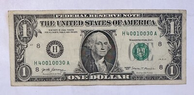One DOLLAR LOW SERIAL NUMBER note 2017 Good Condition 40010030 Five | eBay