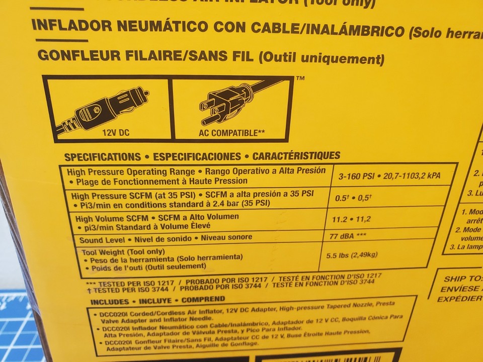 Dewalt DCC0201B 20Vt MAX Corded & Cordless Air Inflator 160 psi 20V ...