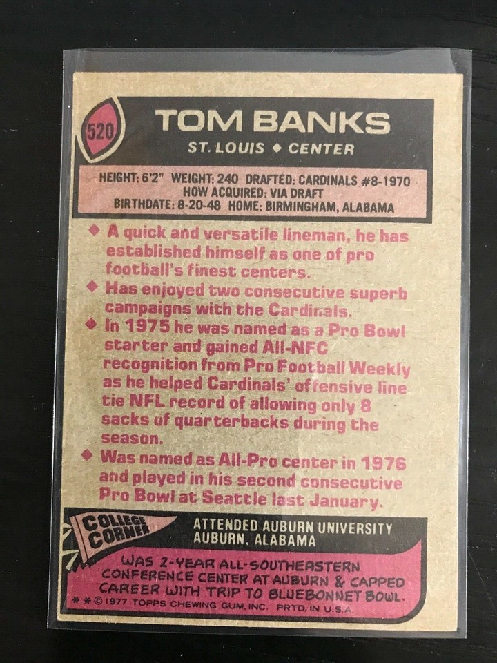 1977 Topps Cardinals Tom Banks St. Louis Center #520 Football Card | eBay