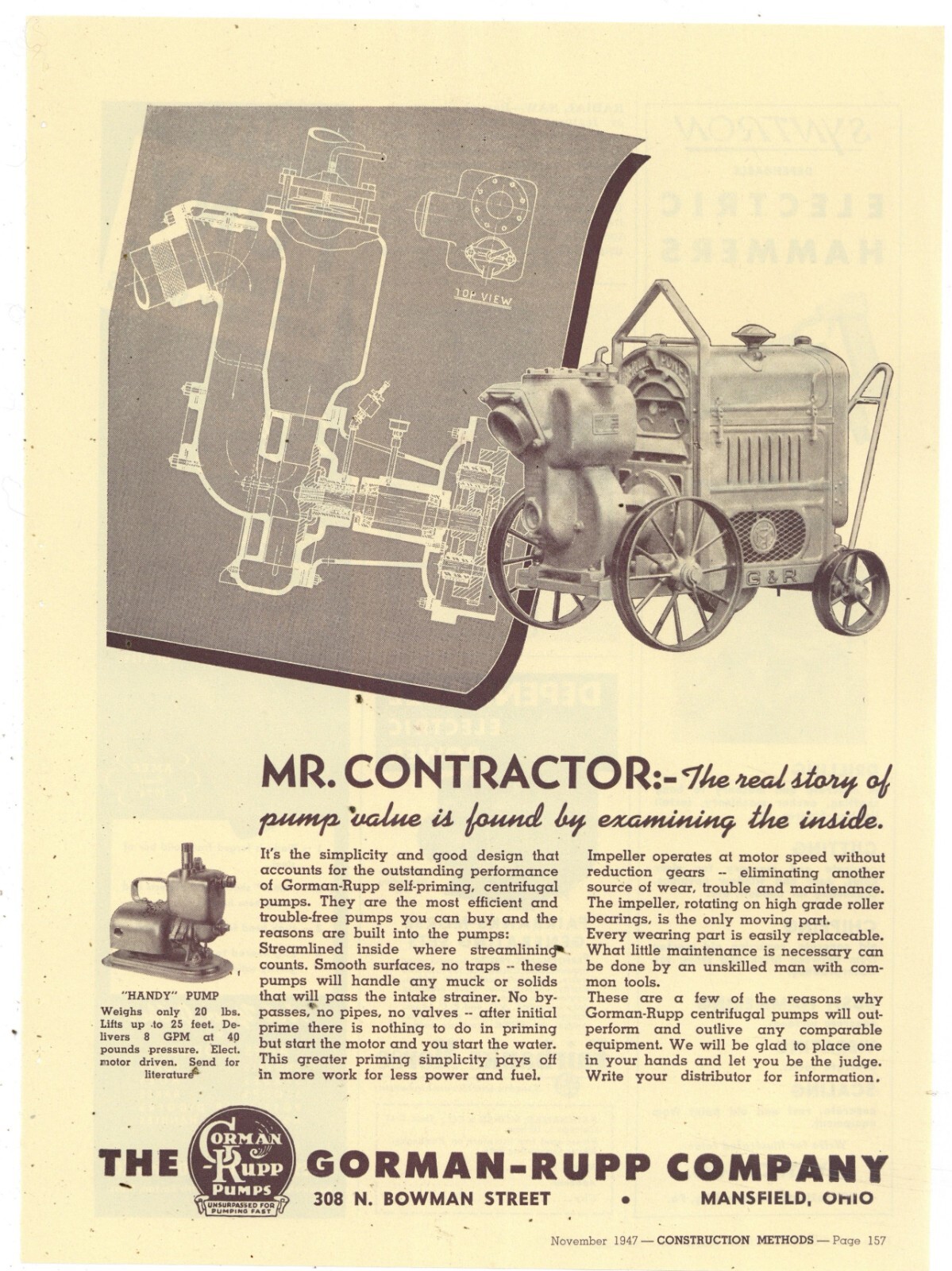 1947 Gorman Rupp Co. Ad: Handy Pump - Specs, Top Schematic View ...