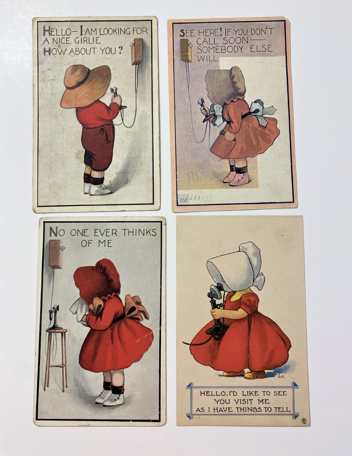 Lot of 4 Sunbonnet kids on telephone Vintage Postcards Artist Wall ...
