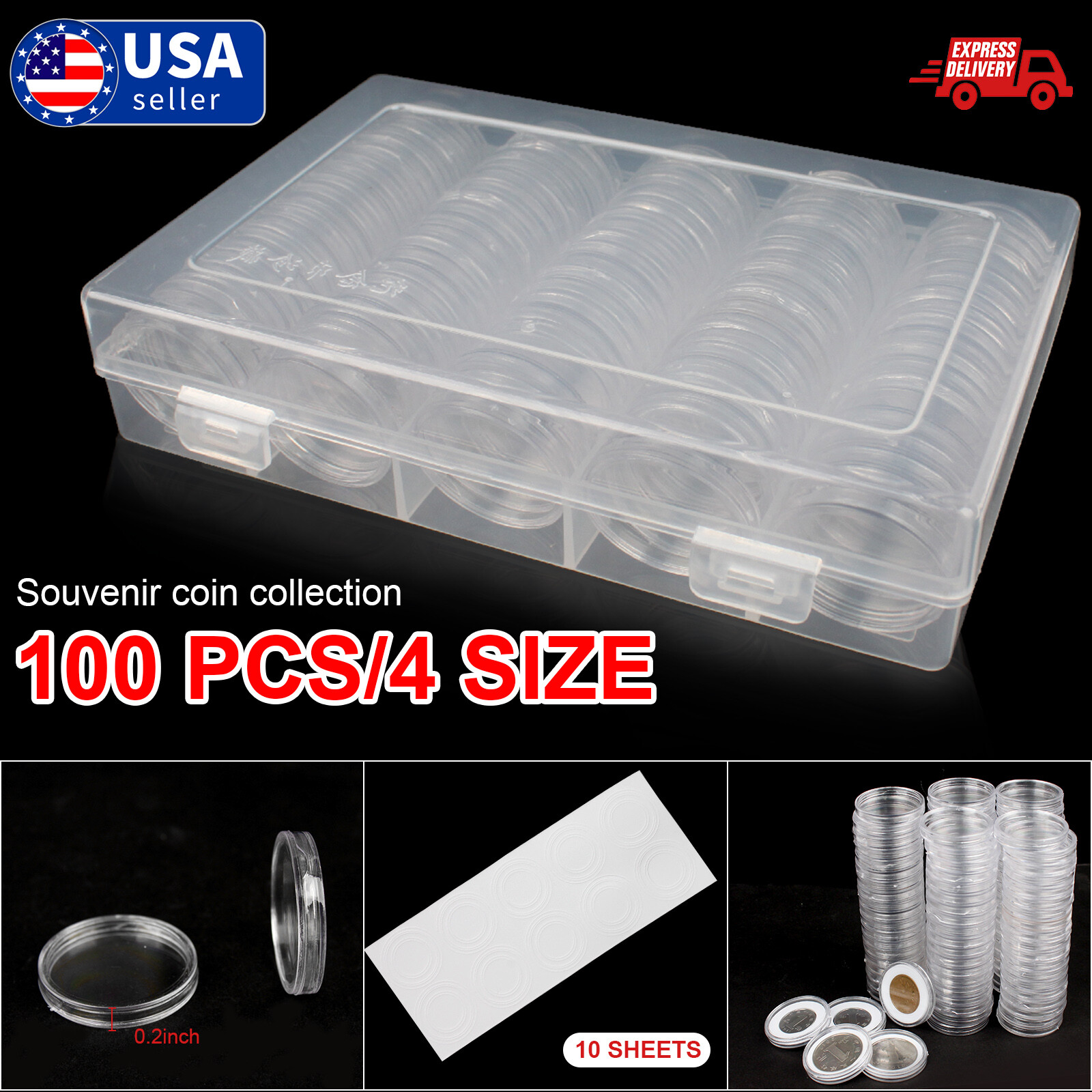 100PCS 30mm Silver Gold Coin Cases Capsules Holder Clear Plastic Round ...