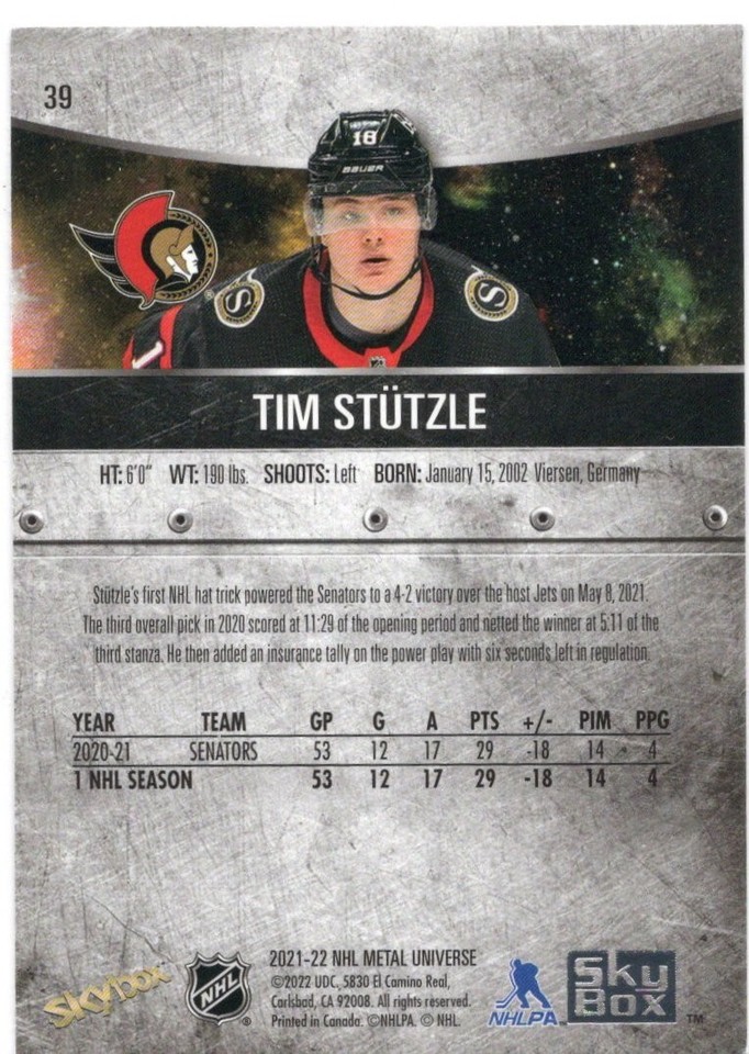 2021-22 Skybox Metal Universe #39 Tim Stutzle Blue Spectrum | eBay