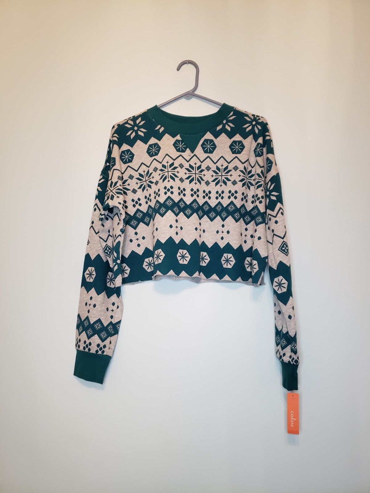 Colsie Women's Sz L Crop Sweatshirt Gray Teal Pullover Long Sleeve Crew ...