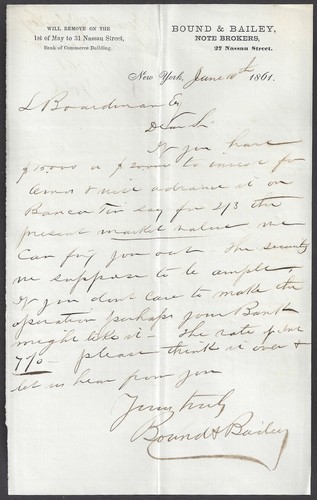 NEW YORK ~ BOUND & BAILEY, Note Brokers ~ LETTER SHEET June 1861 to L ...