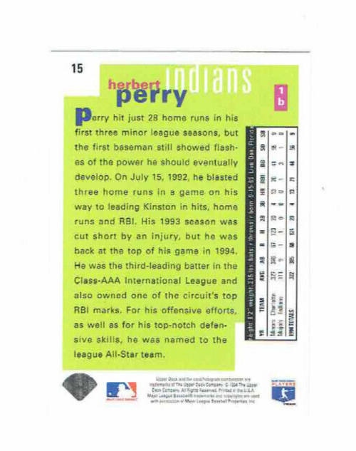 Herbert Perry 1B Cleveland #15 Upper Deck 1994 Collector's Choice ...