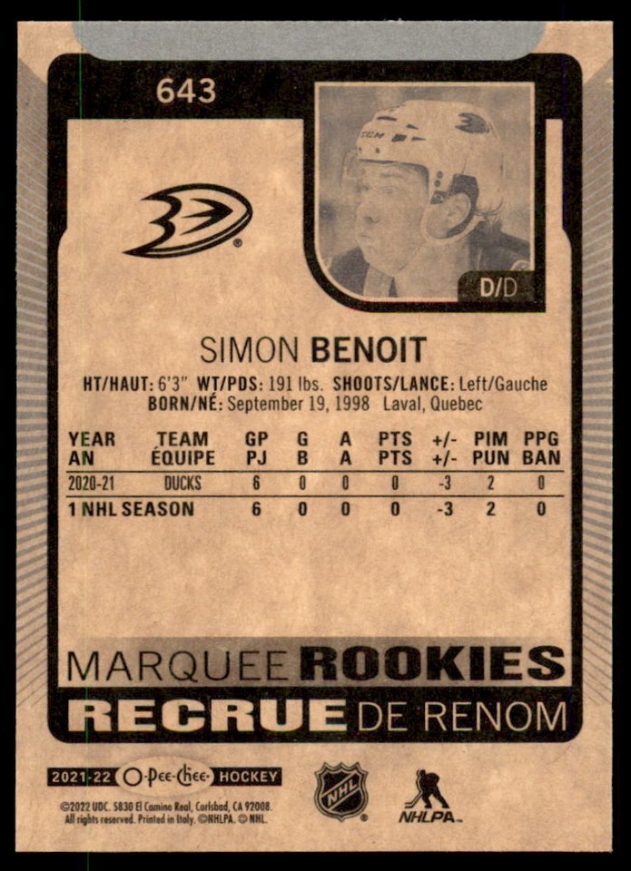 2021-22 Upper Deck #643 Simon Benoit 2021-22 O-Pee-Chee Update | eBay