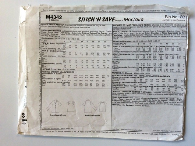 Fab Shirt Blouse & Shell Top Misses Sewing Pattern 4342 16 for sale ...