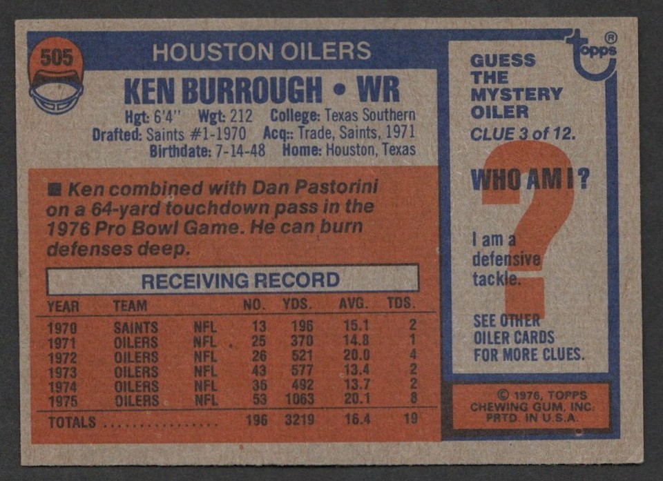 1976 Topps Football Card #505 Ken Burrough Houston Oilers - NRMT | eBay