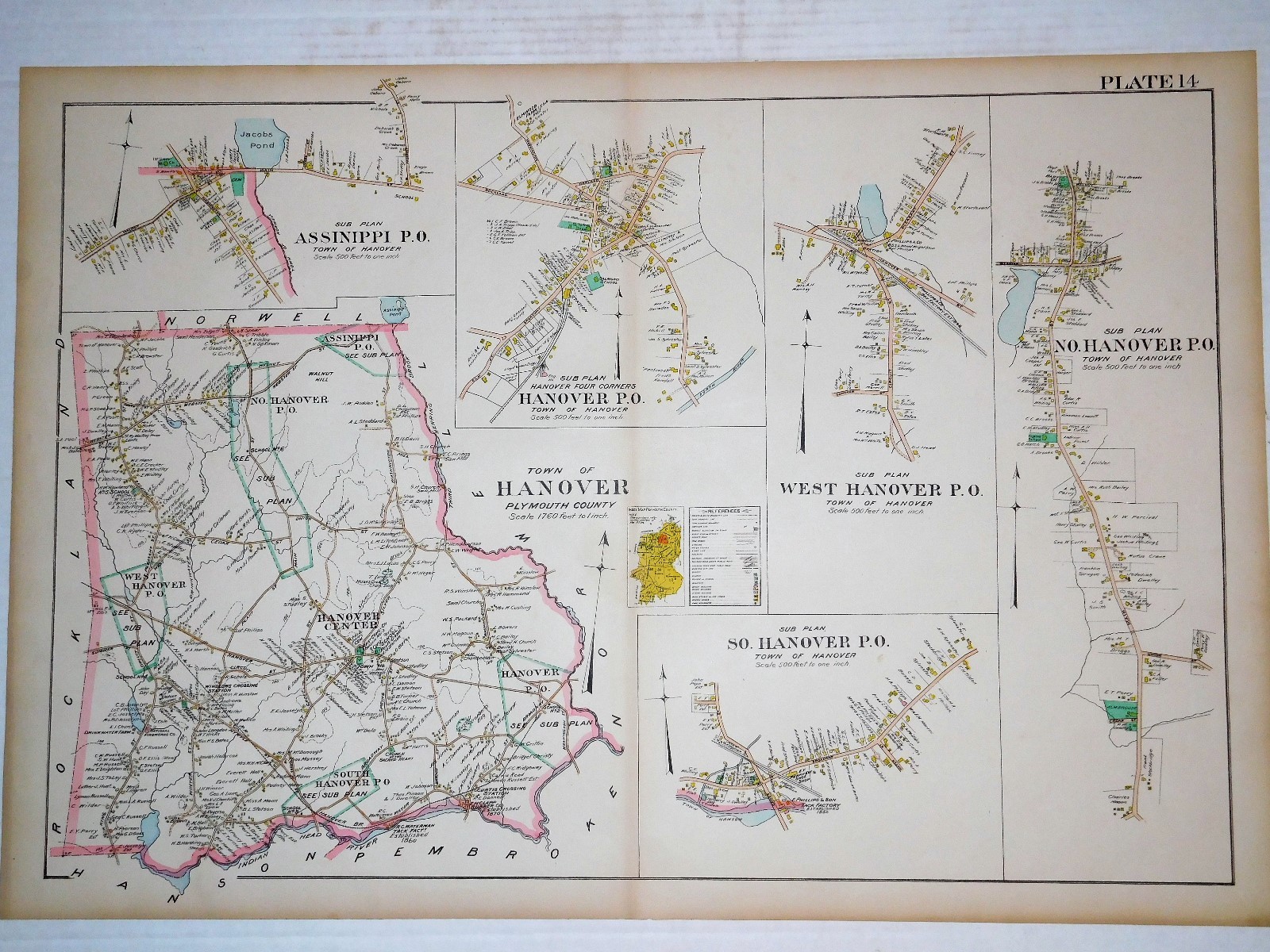 1903 Original Hanover Map,MA Mass Atlas,Four Corners,Broadway,Old ...