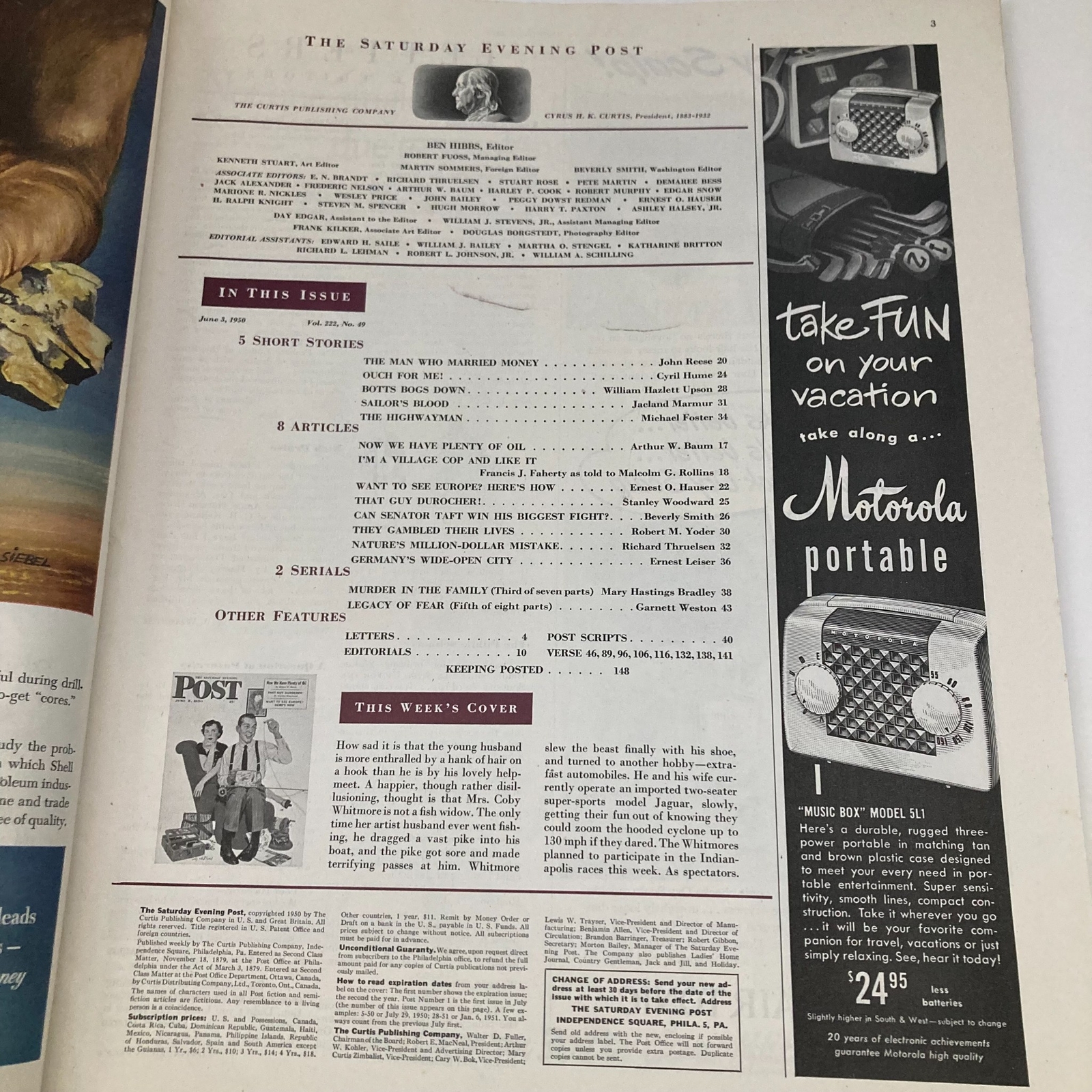 Saturday Evening Post Magazine June 3 1950 Illustrated Cover by Coby ...