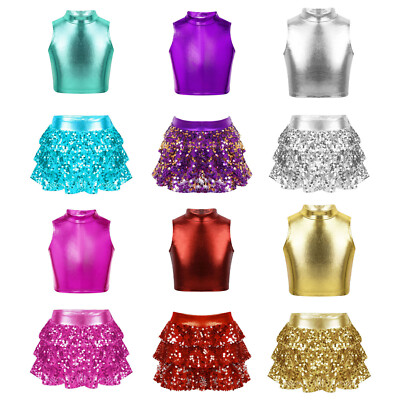 Kid Girls Outfits Jazz Modern Dance Crop Top With Skirt Shiny Dancewear ...