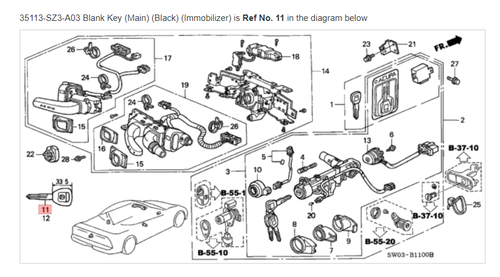 HONDA ACURA GENUINE OEM NSX Blank Key (Main) (Black) (Immobilizer ...