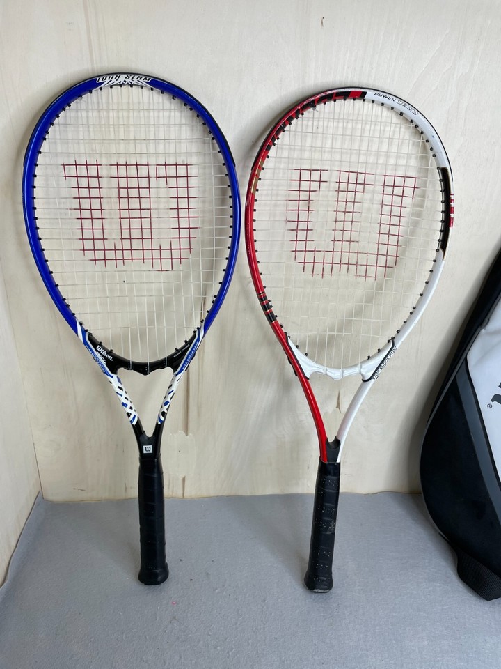 Pair of Wilson Tennis Rackets Fedder 110 & Tour Slam Power Strings ...