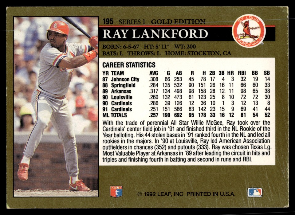 1992 Leaf Ray Lankford #195 St Louis Cardinals Gold Edition Baseball ...