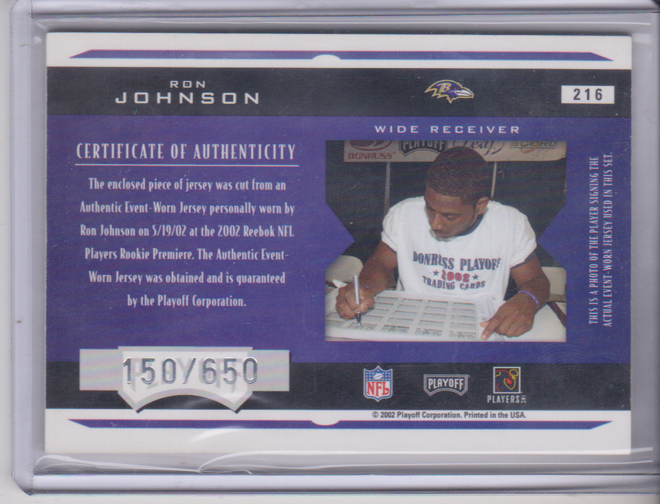 2002 Playoff Honors Ron Johnson Rookie Gems Jersey 150/650 Baltimore ...