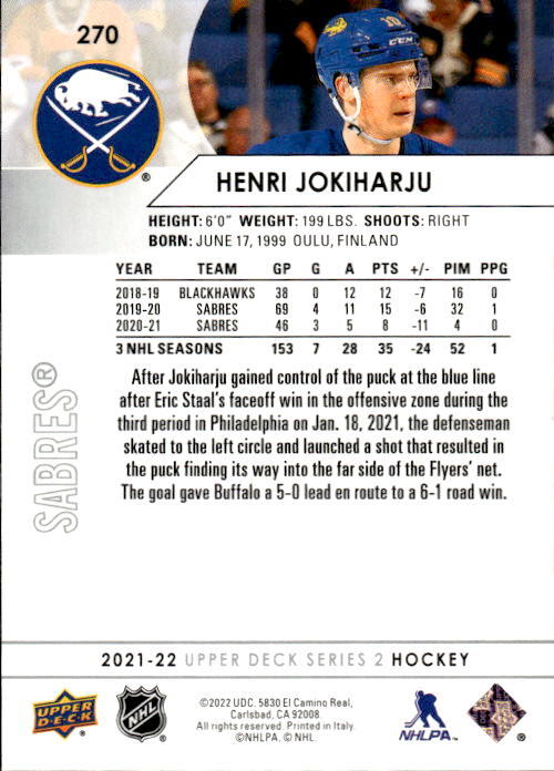Henri Jokiharju 2021 Upper Deck #270 Buffalo Sabres | eBay
