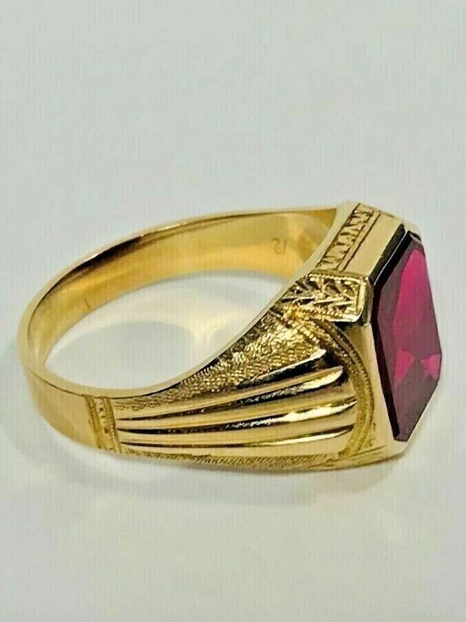 3Ct Emerald Cut Lab Created Red Ruby Men's Band Ring 14K Yellow Gold ...