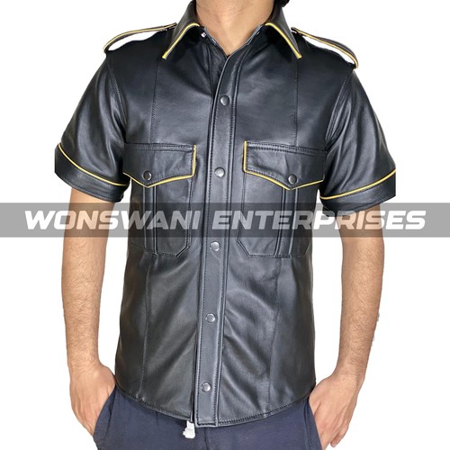 Men's Genuine Soft Lambskin Leather Police Uniform Shirt Yellow Piping ...