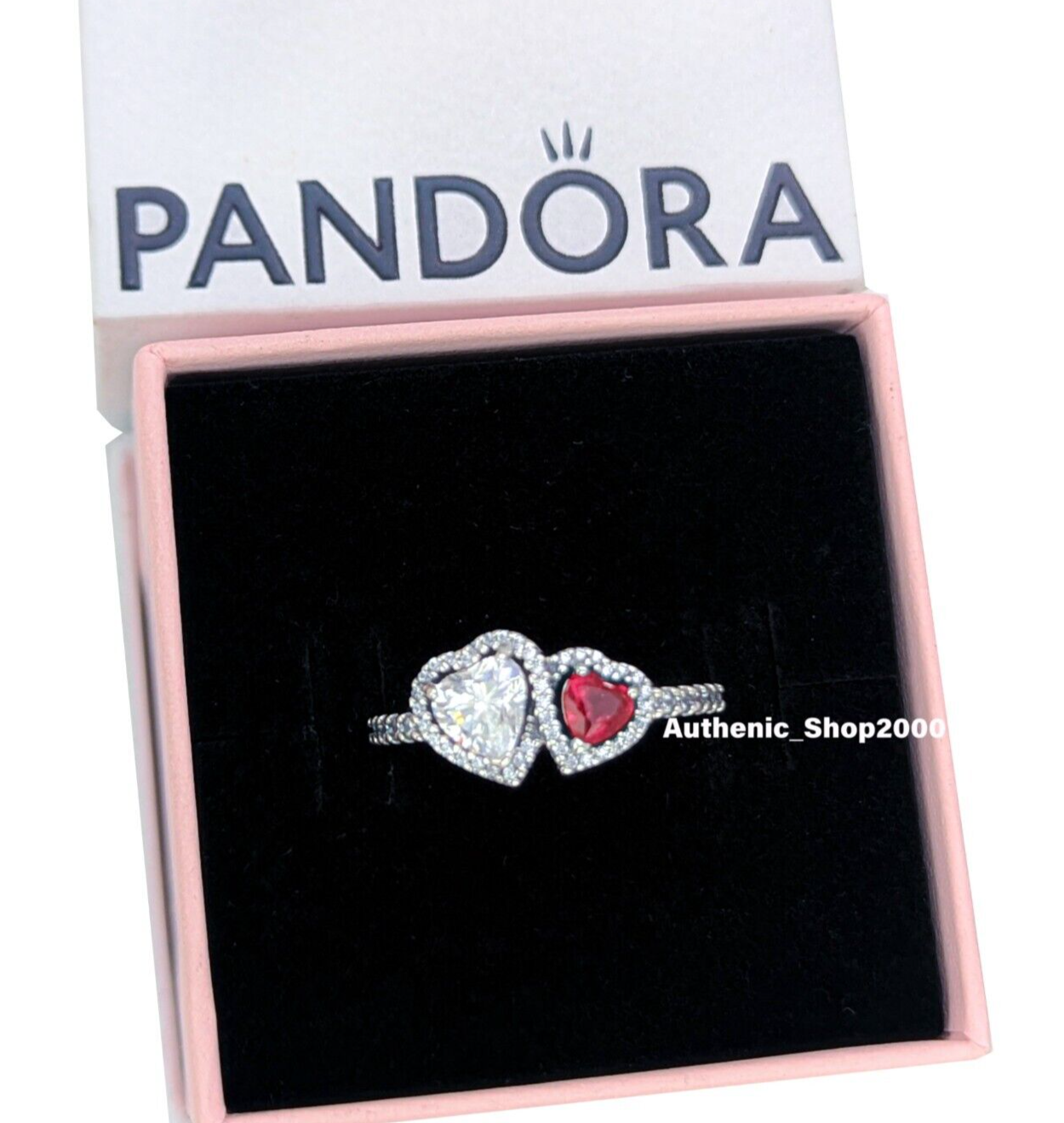 New 100% Authentic PANDORA 925 Ale Red Sparkling Halo Two Hearts Ring ...