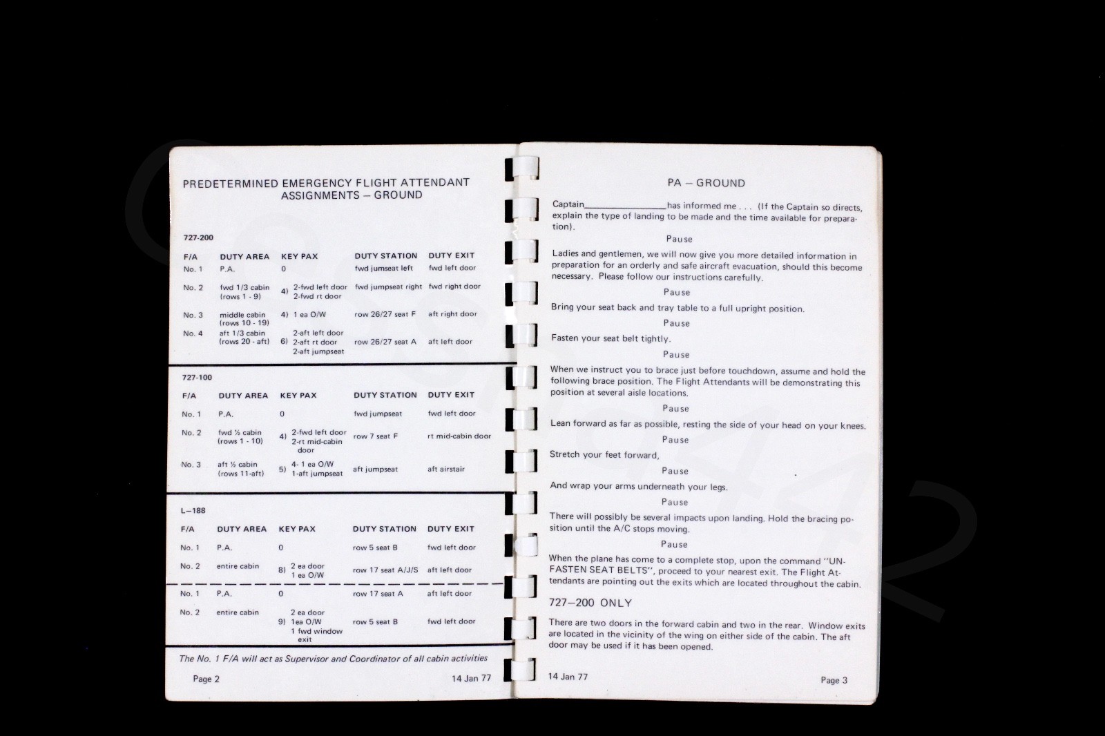 PSA Vintage FLIGHT ATTENDANT Checklist 1977 Pacific Southwest Airlines ...