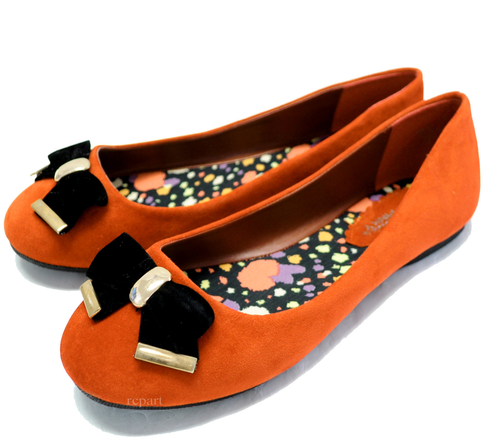 New women's shoes orange ballet flat ballerina suede like black bow ...