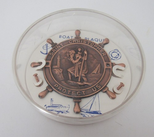 NEW! VINTAGE SAINT CHRISTOPHER PROTECT US BOAT PLAQUE COPPER HELM SHAPE ...