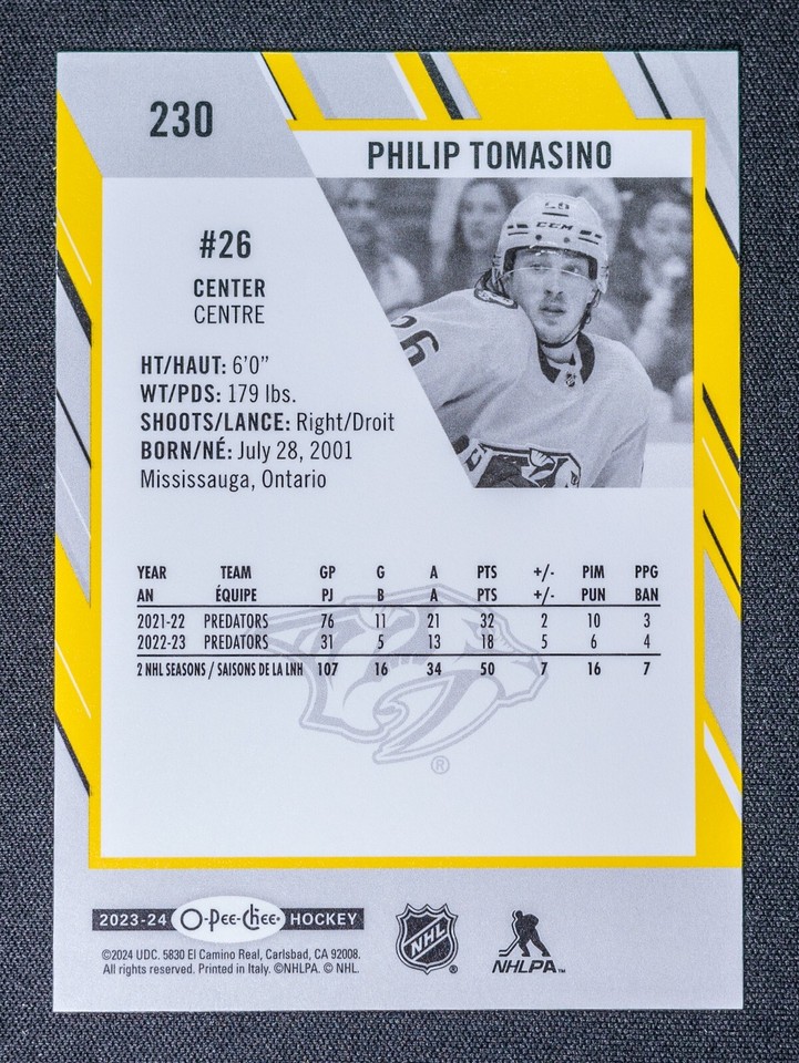 2023-24 O-PEE-CHEE YELLOW BORDER PHILIP TOMASINO #230 - PREDATORS | eBay