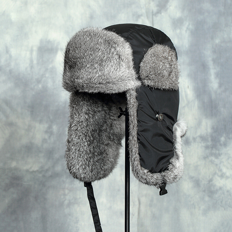 Men Winter Genuine Rabbit Fur Trapper Hats Russian Ushanka Warm Earflap ...