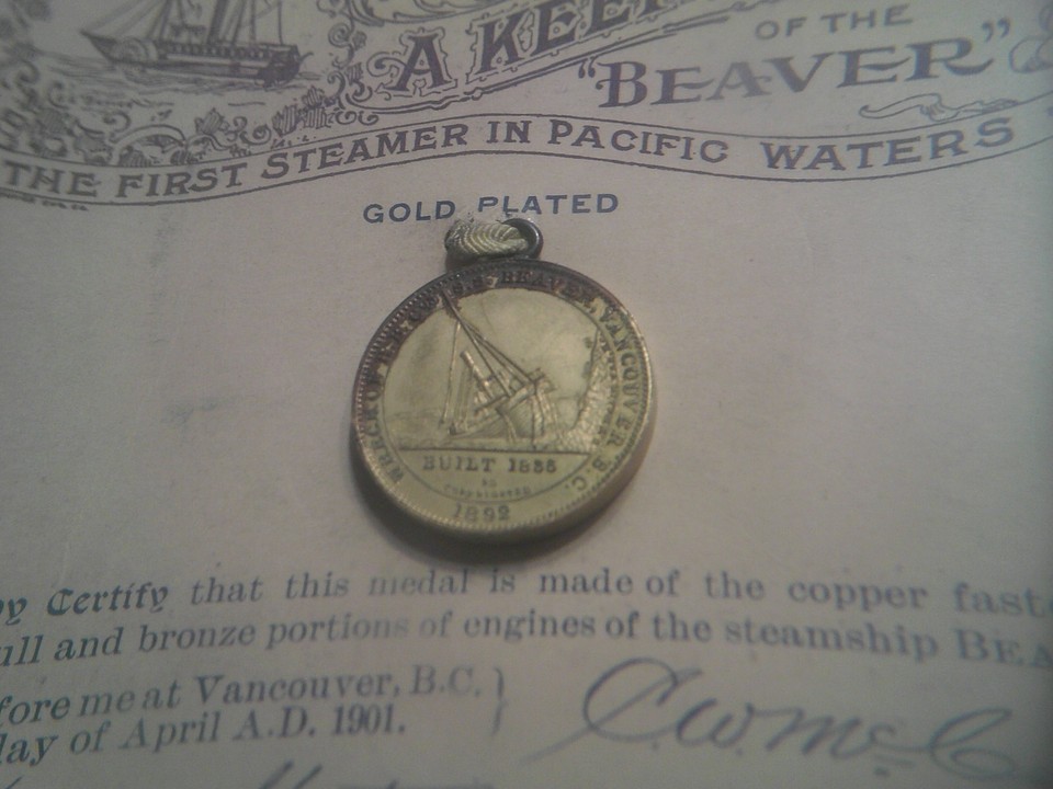 S.S.BEAVER HBC SHIPWRECK MEDAL 1892 0N ORIGINAL CARD W/CERTIFICATION ...