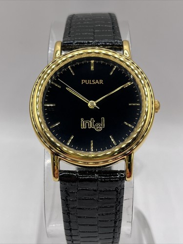 Pulsar Vintage Intel Watch Men's Gold Tone Black Dial Leather Band- New ...