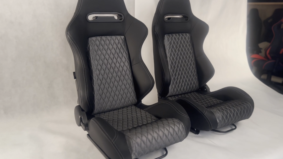 Recline Bucket Racing Seats with Sliders, Black Leather Sliver ...