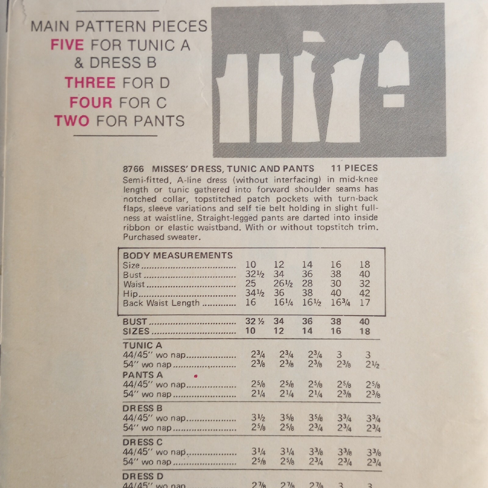 Vogue 8766 Pattern Misses' Button Down Dress Mid Knee Tunic Pants Sz 16 ...
