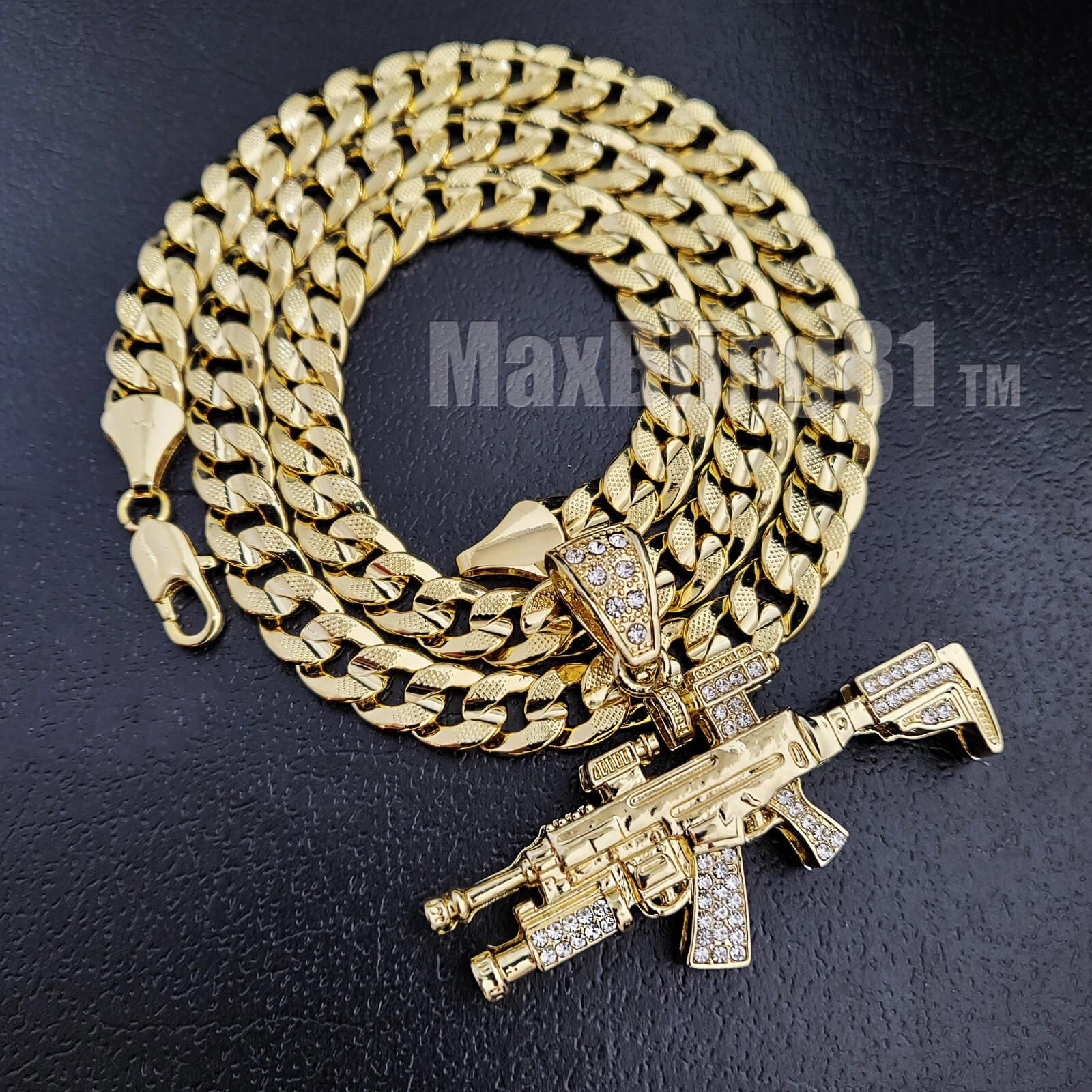 Gold Plated Cubic Zirconia Machine Gun & 14K Stamped Brass Cuban Chain ...