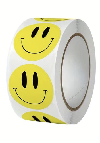 500 pcs Sticker Roll Yellow Tradition Happy Smile Face Semi Gloss Self ...