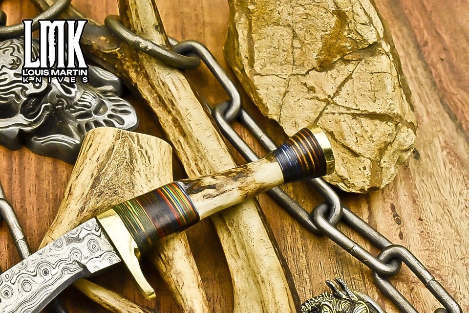 LMK Hand Forged Hunting Skinner Knife Rain Drop Damascus Stag Antler EDC | eBay