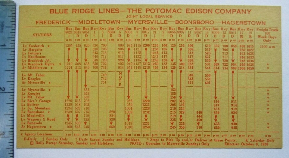 1938 Blue Ridge Transportation Maryland Bus Railway Timetable Card ...