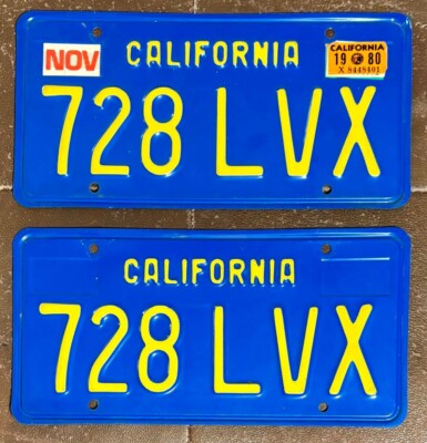 California BLUE 1980 License Plate PAIR # 728 LVX | eBay