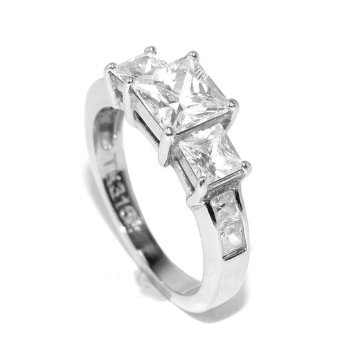 3 Princess Cut CZ Stones Womens Tarnish Free Stainless Steel Engagement ...