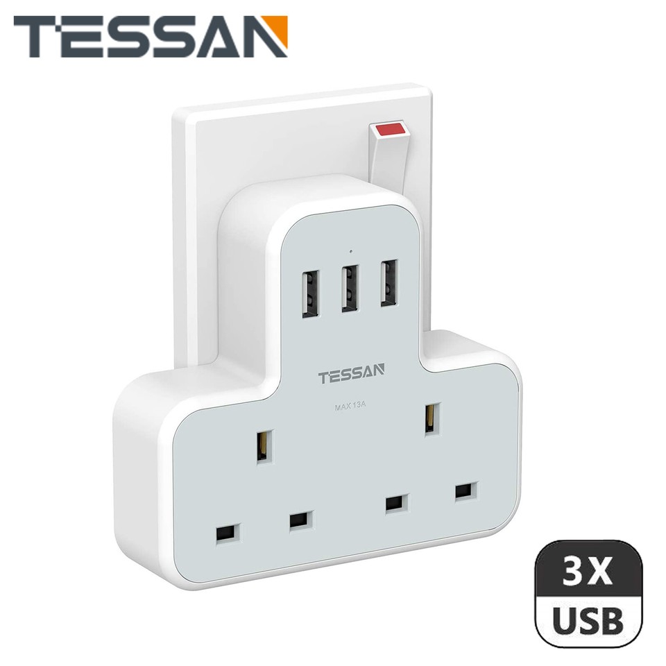 3 Pin Wall Socket Adapter Plug Extension & Shaver Adaptor with USB Port ...
