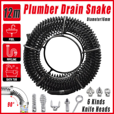 12M Plumber Drain Snake Pipe Cleaner with 6 Drill Bits Black Pipeline ...