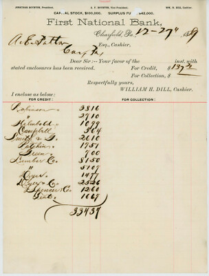 1889 First National Bank Letterhead Account Statement Clearfield PA ...