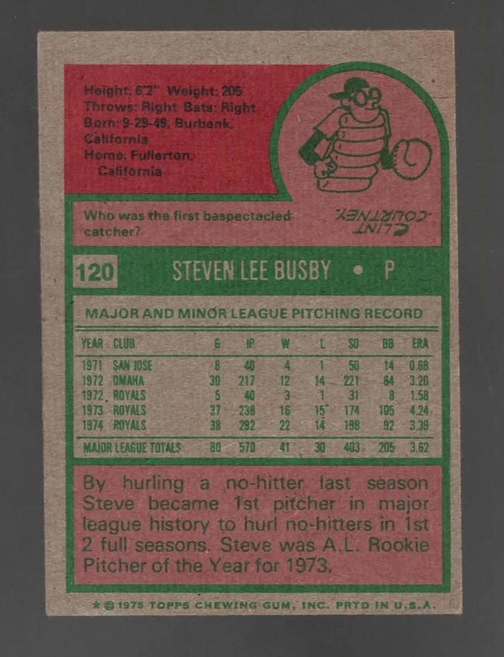 1975 Topps Steve Busby Kansas City Royals #120 Very Good (wax) | eBay