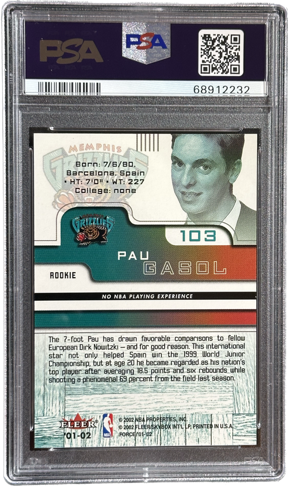 2001 Fleer Force Rookie RC Pau Gasol #103 PSA 10 GEM MINT Lakers Kobe ...