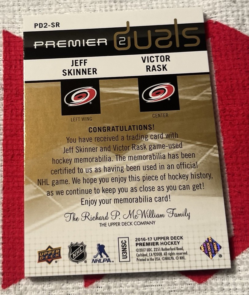 Jeff Skinner Victor Rask /15 2016-17 Premier Duals Game Worn Used Patch ...