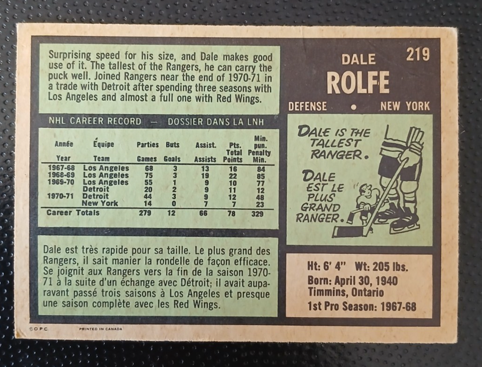 1971-72 - OPC - O-PEE-CHEE - HOCKEY CARD - DALE ROLFE - # 219 (A06) | eBay